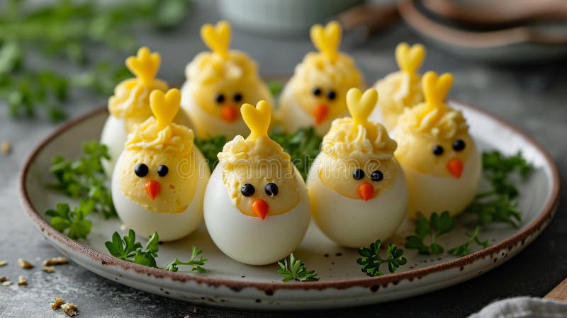Funny Chickens with Stuffed Eggs for Easter. Selective Focus Stock ...