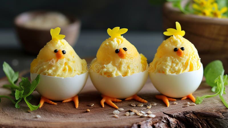 Funny Chickens with Stuffed Eggs for Easter. Selective Focus Stock ...