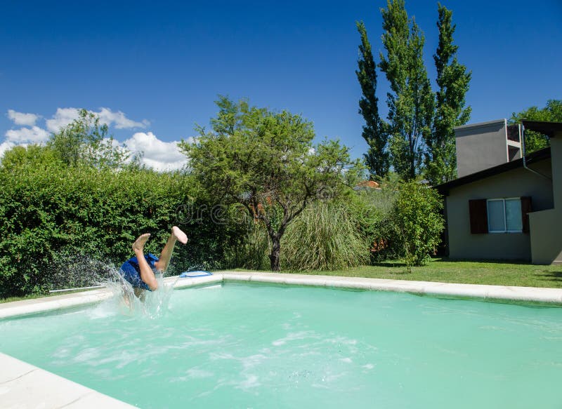 Funny Child Diving into a Large Pool Stock Image - Image of home ...