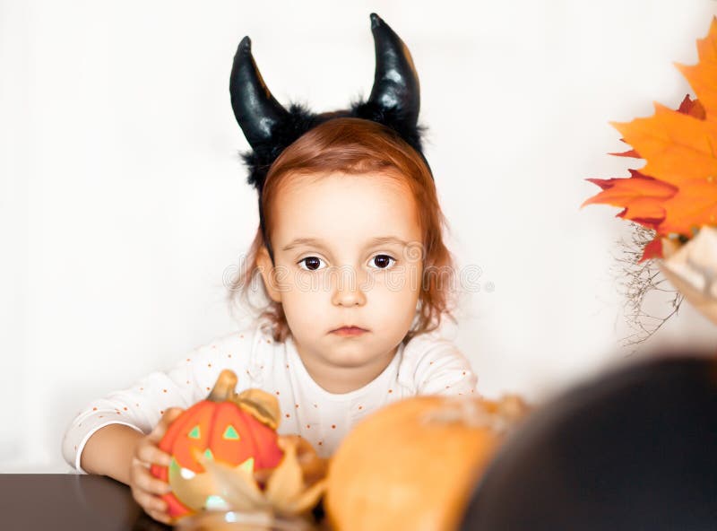 Funny Child Girl in Devil Costume for Halloween Stock Image - Image of ...