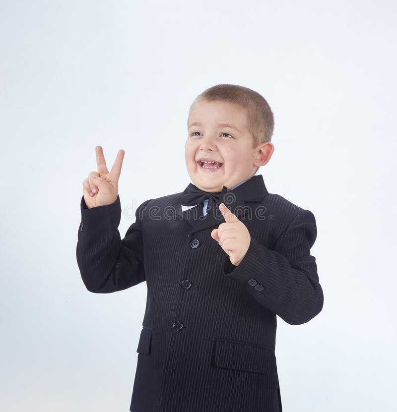 Funny Child Raised His Hand Up and Pointing Her Finger Stock Image ...