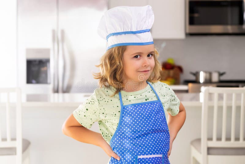 Funny Child Stand at Kitchen Table Have Fun Baking, Doing Bakery ...