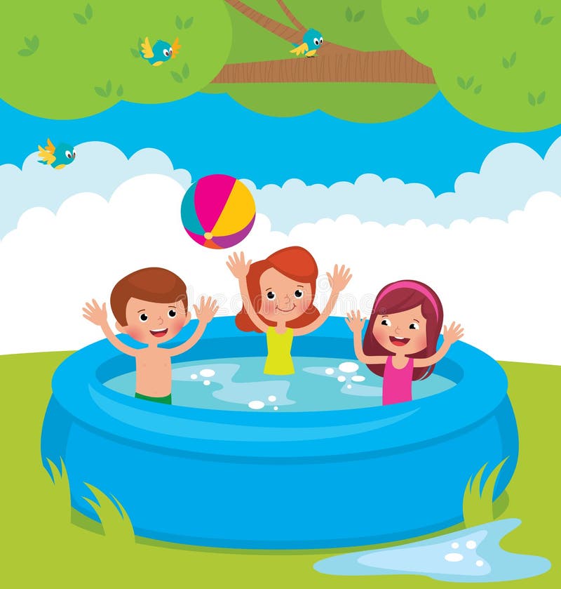 Funny Children Bathing in the Outdoor Pool Stock Vector - Illustration ...