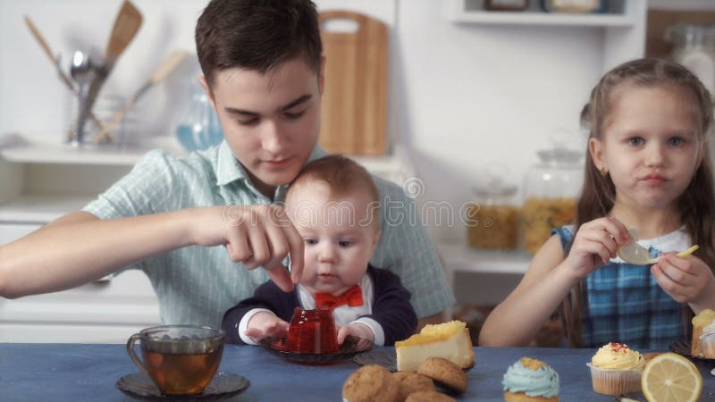Funny Children Eat Lunch at Home. Stock Video - Video of caucasian ...