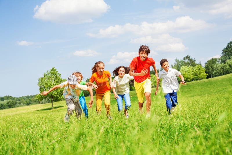 Funny Children Running in the Field Stock Image - Image of bright, fast ...