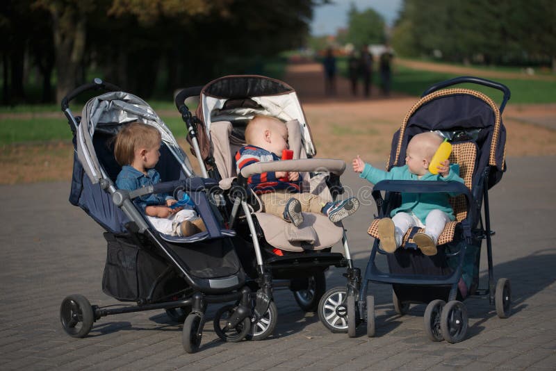 Funny Children Sitting in Strollers in Park Stock Photo - Image of kids ...