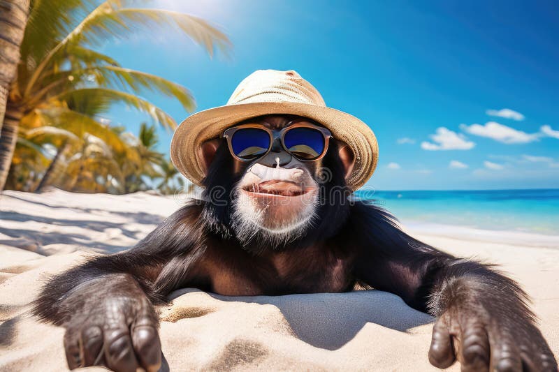 A Funny Chimpanzee Animal in Sunglasses Relaxing on a Sandy Beach Stock ...