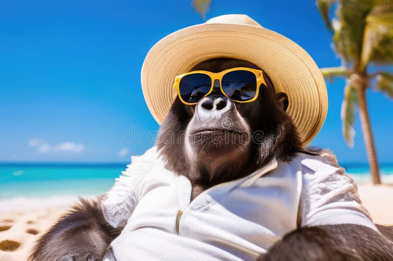 A Funny Chimpanzee Animal in Sunglasses Relaxing on a Sandy Beach Stock ...