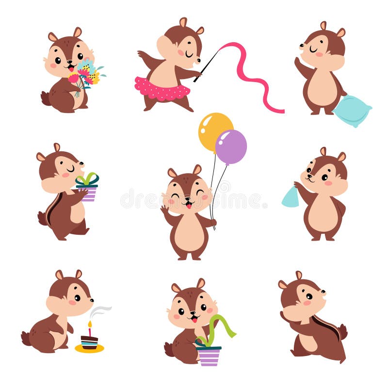 Funny Chipmunk Character with Cute Snout Engaged in Different Activity ...