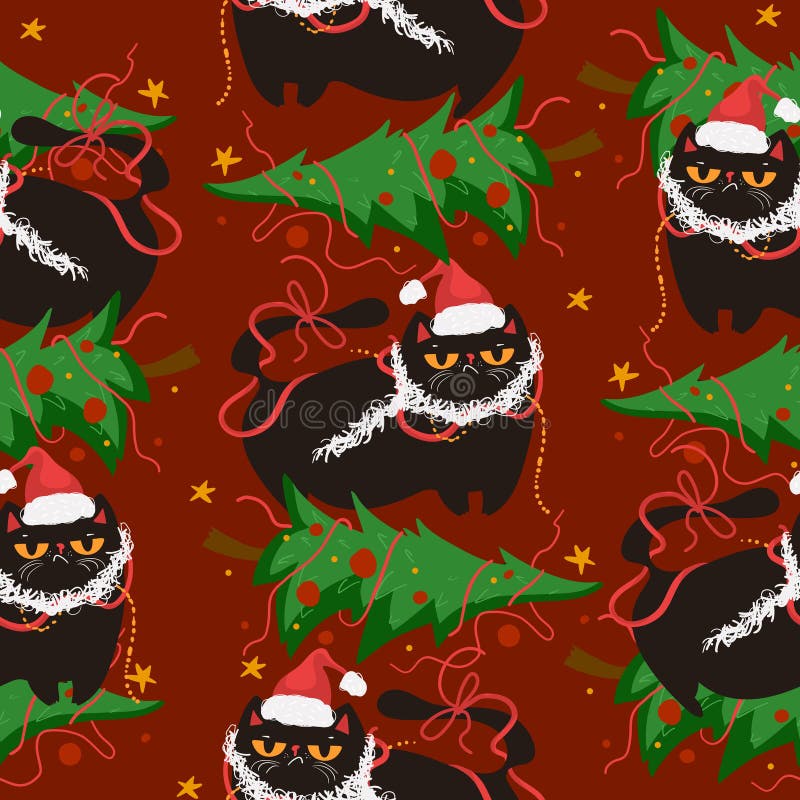 Funny Christmas Cat Seamless Pattern. Grumpy Black Cat Knocked Over a ...