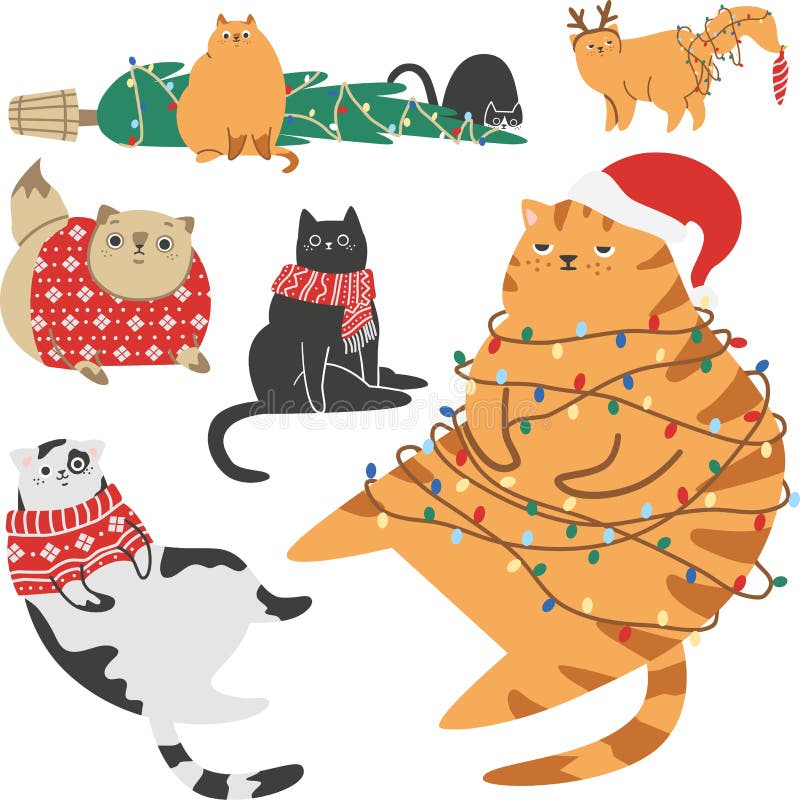 Funny Christmas Cats. Cute Cats Knocked Down the Christmas Tree and ...