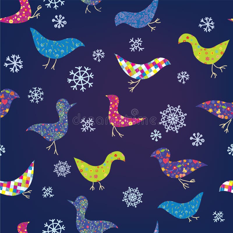 Funny Christmas Pattern with Birds and Snow Stock Vector - Illustration ...