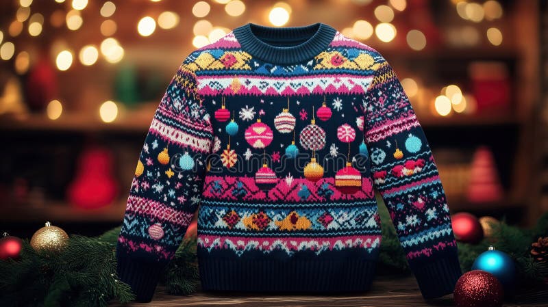 Funny Christmas Sweater Design with Colorful Christmas Baubles Stock ...