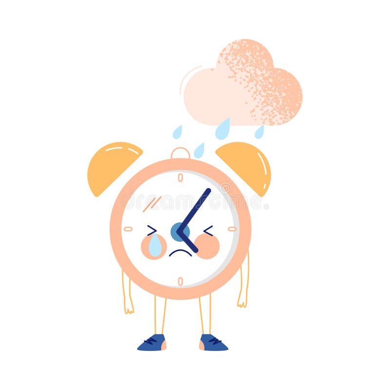 Funny Clock Character with Crying Face Standing Under Rainy Cloud ...