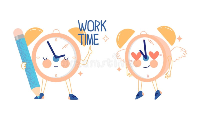 Funny Clock Character with Pencil Working and Fluttering Feeling Love ...