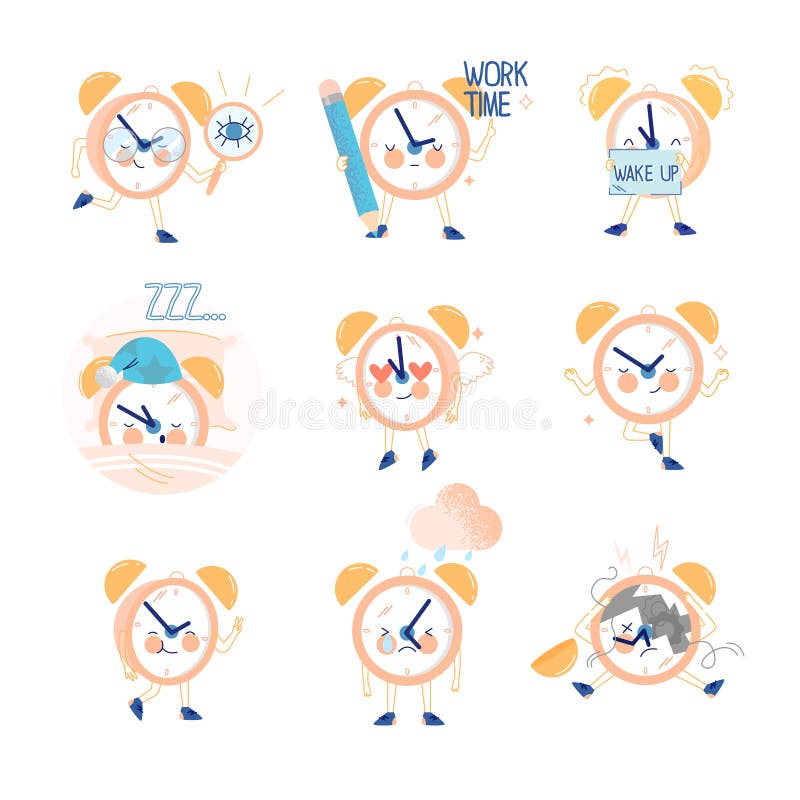 Funny Clock Character with Smiling Face Sleeping and Crying Vector Set ...
