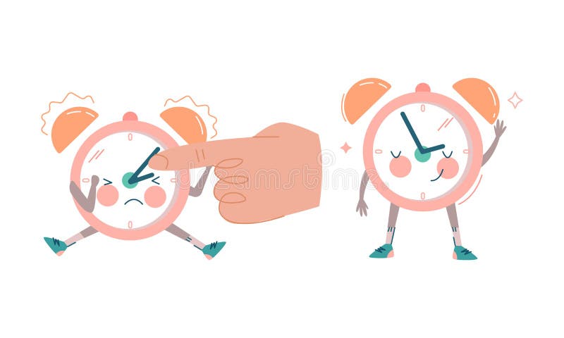 Funny Clock Character Waving Hand and Smiling and Ringing Vector Set ...