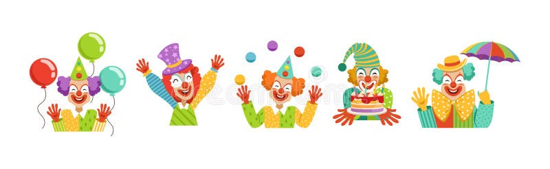 Funny Clown Character with Friendly Colorful Face Vector Set Stock ...