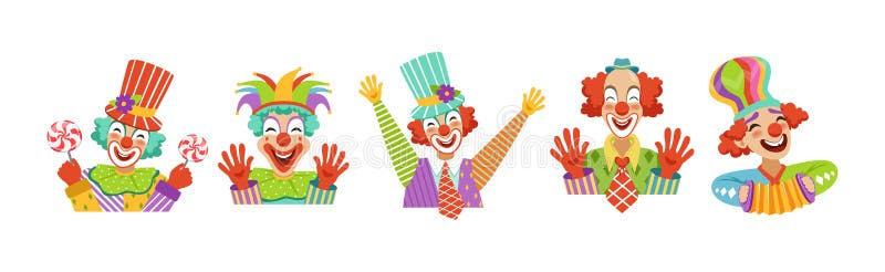 Funny Clown Character with Friendly Colorful Face Vector Set Stock ...