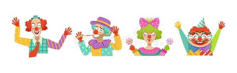 Funny Clown Character with Friendly Colorful Face Vector Set Stock ...