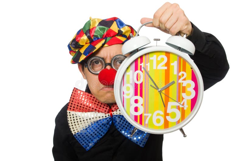 The Funny Clown with Clock Isolated on White Stock Photo - Image of ...