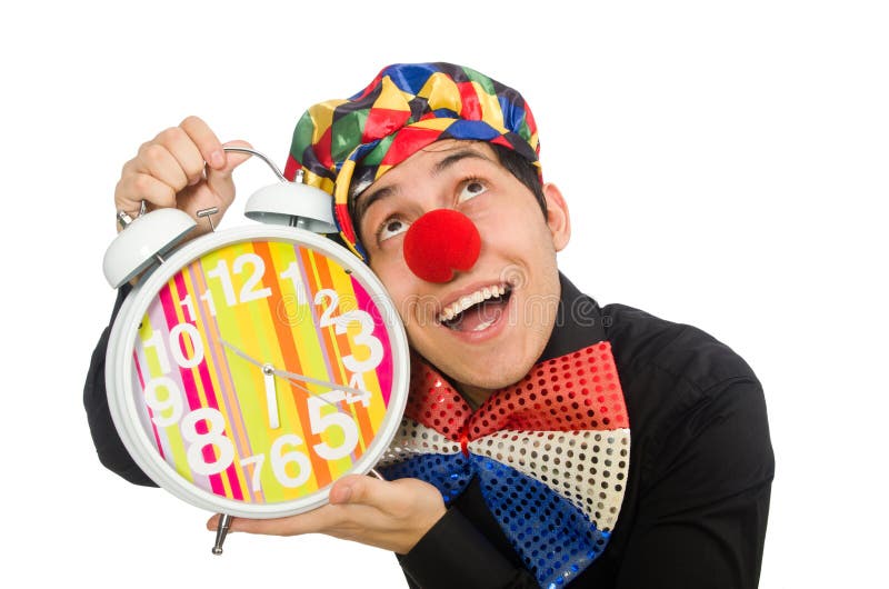 The Funny Clown with Clock Isolated on White Stock Image - Image of ...