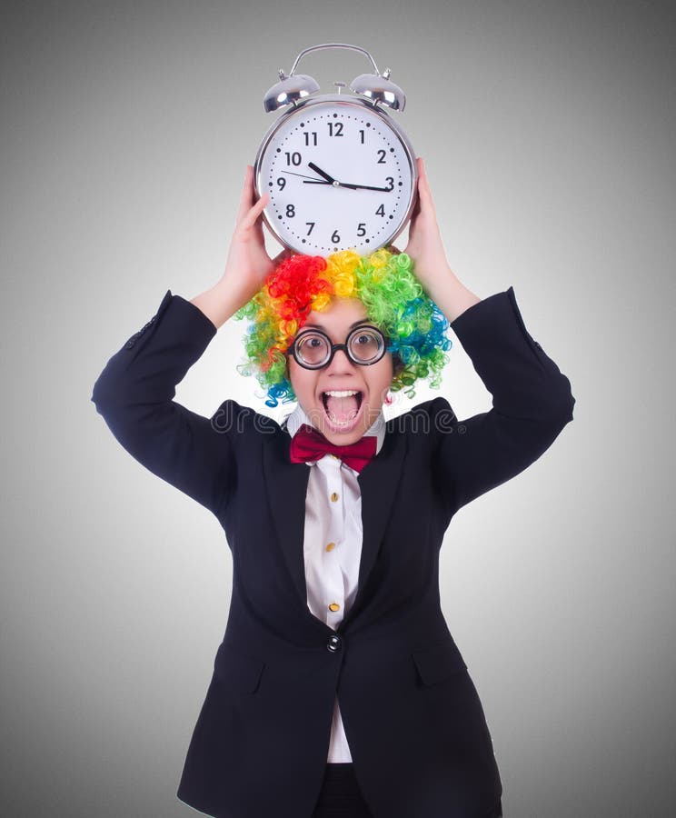Funny Clown with Clock on White Stock Photo - Image of humour ...