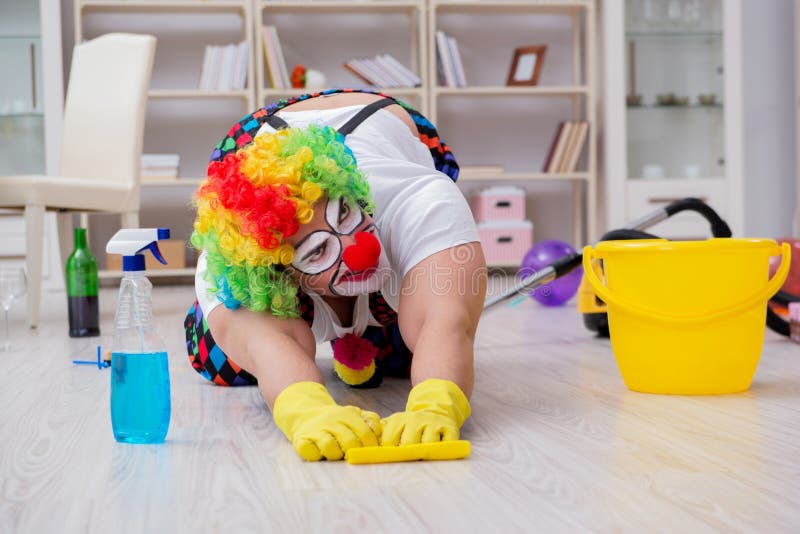 The Funny Clown Doing Cleaning at Home Stock Image - Image of janitor ...