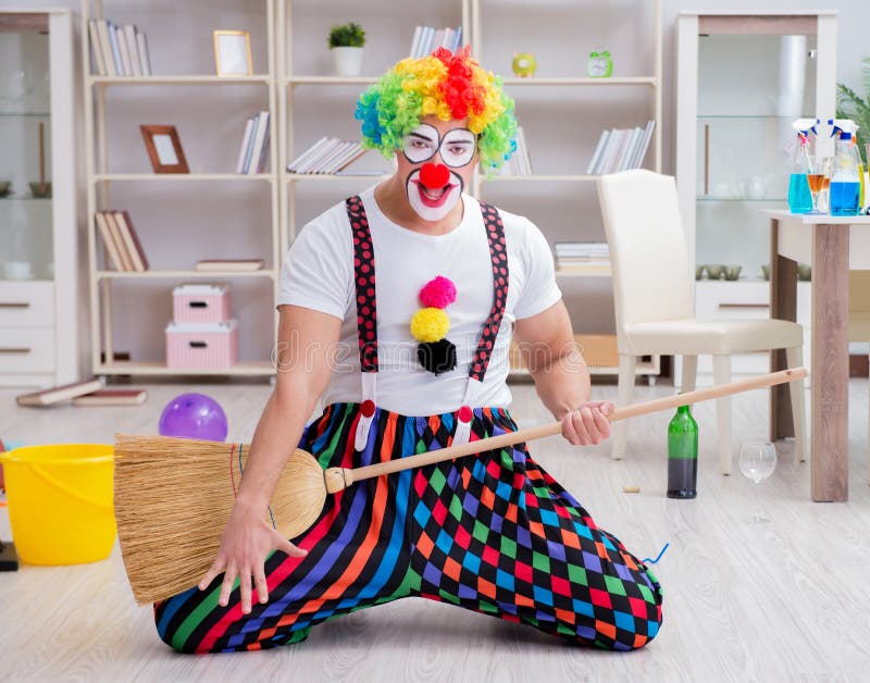 Funny Clown Doing Cleaning at Home Stock Photo - Image of fool, clown ...