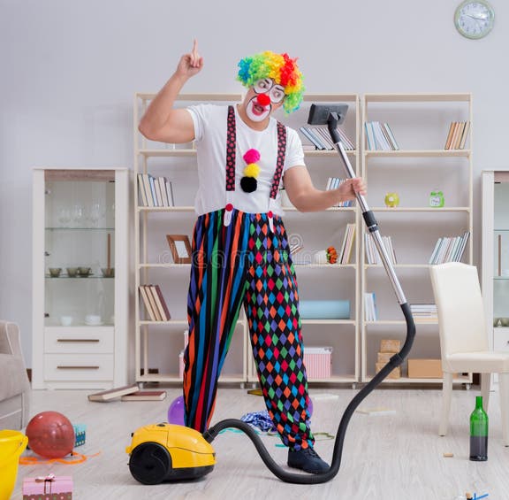 Funny Clown Doing Cleaning at Home Stock Photo - Image of buffoon ...