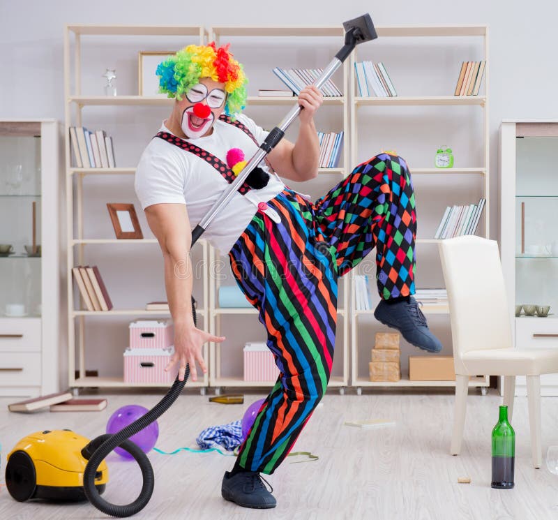 Funny Clown Doing Cleaning at Home Stock Image - Image of humorous ...
