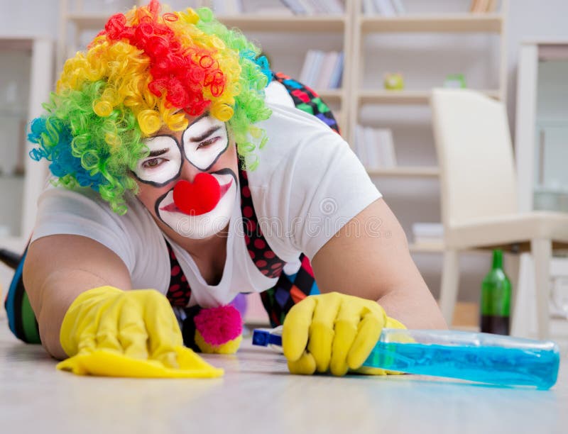 Funny Clown Doing Cleaning at Home Stock Image - Image of cleaning ...