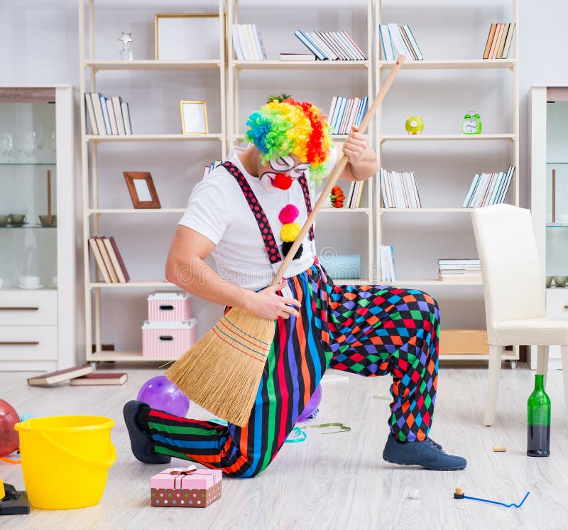 Funny Clown Doing Cleaning at Home Stock Photo - Image of entertainment ...