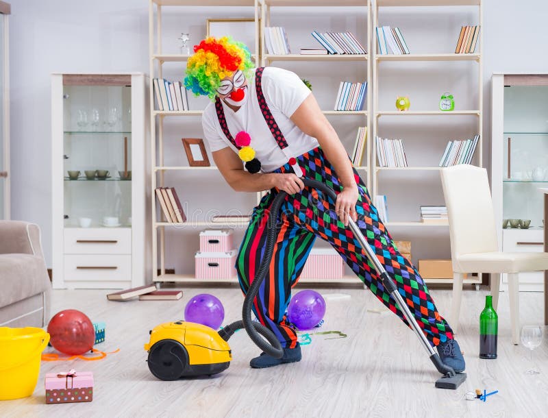 Funny Clown Doing Cleaning at Home Stock Image - Image of house, comedy ...