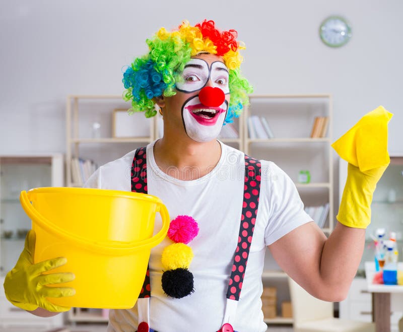 Funny Clown Doing Cleaning at Home Stock Photo - Image of buffoon ...