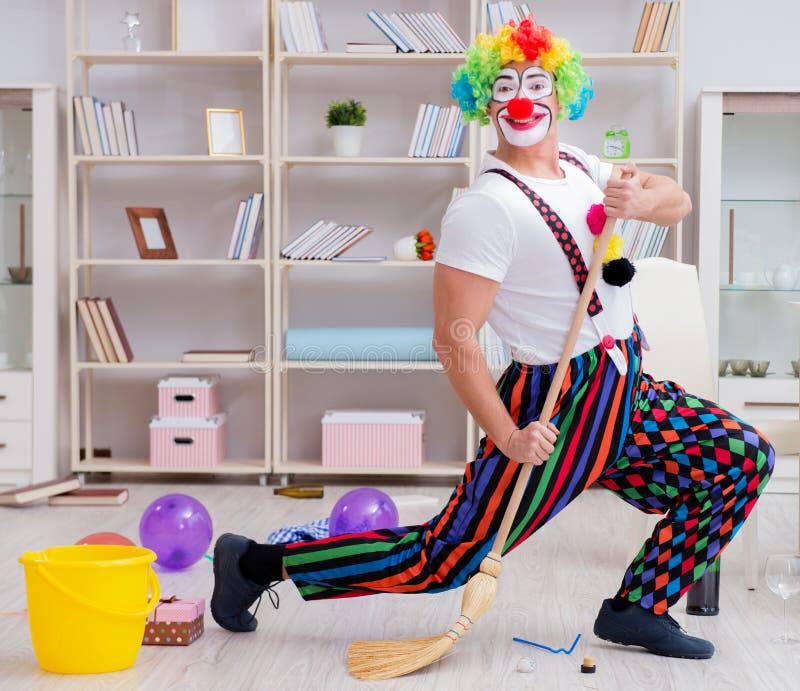 Funny Clown Doing Cleaning at Home Stock Photo - Image of housecleaning ...