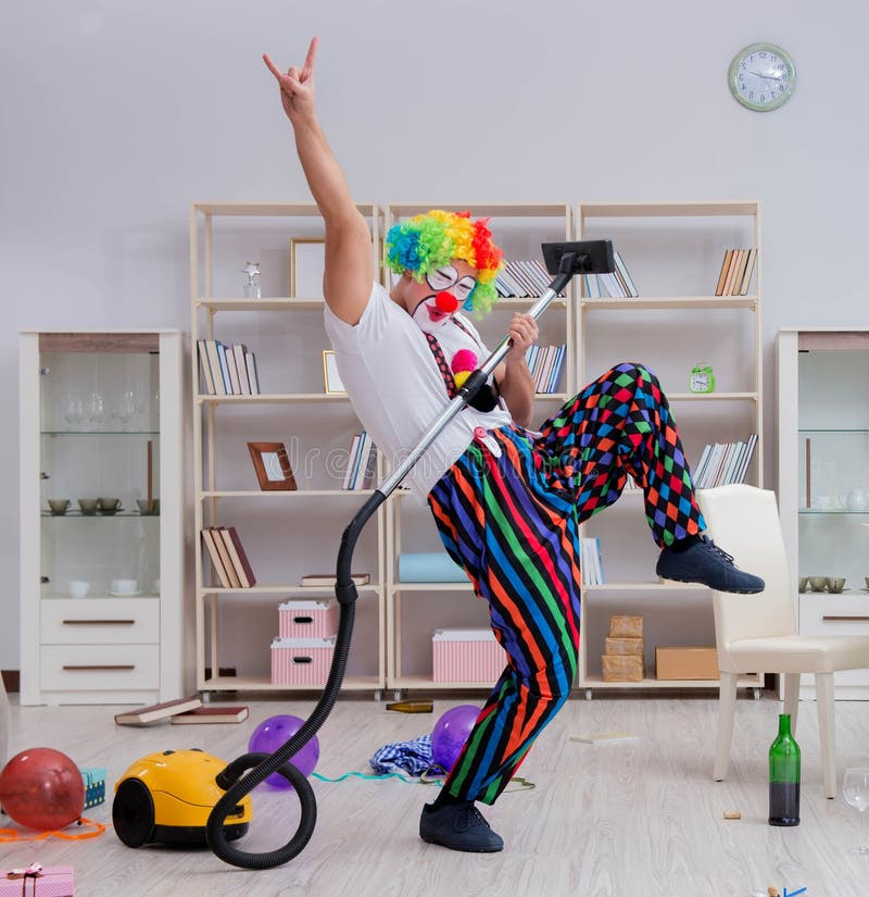 Funny Clown Doing Cleaning at Home Stock Photo - Image of happy, humor ...