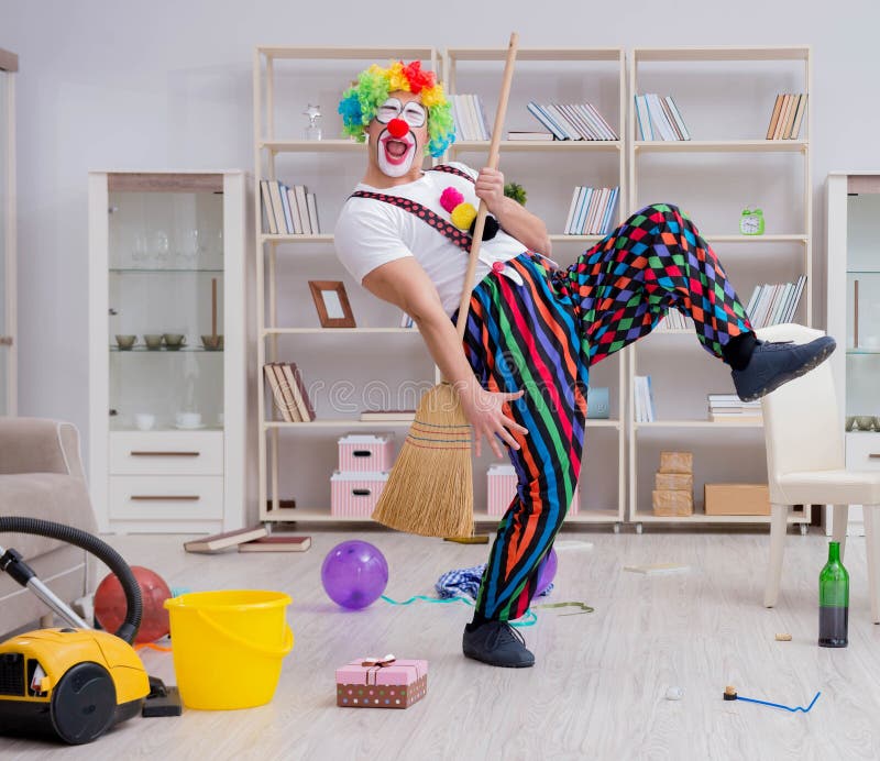 Funny Clown Doing Cleaning at Home Stock Photo - Image of dusty ...