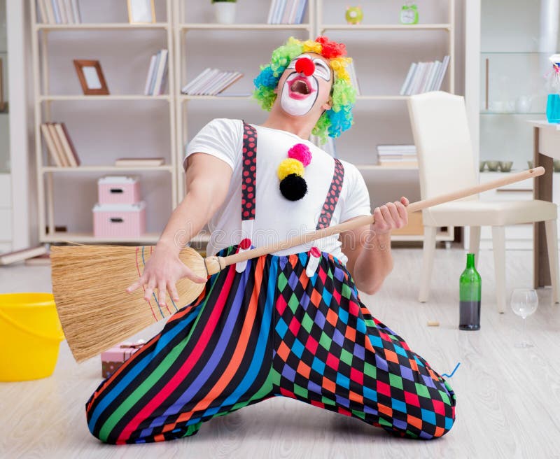 Funny Clown Doing Cleaning at Home Stock Photo - Image of floor ...