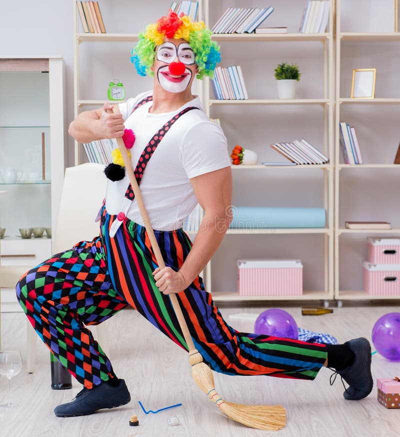 Funny Clown Doing Cleaning at Home Stock Image - Image of broomstick ...