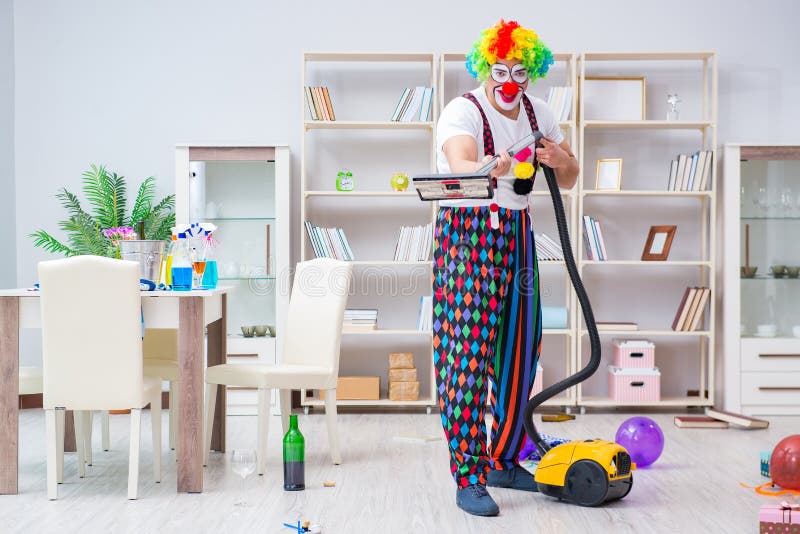 The Funny Clown Doing Cleaning at Home Stock Image - Image of happiness ...