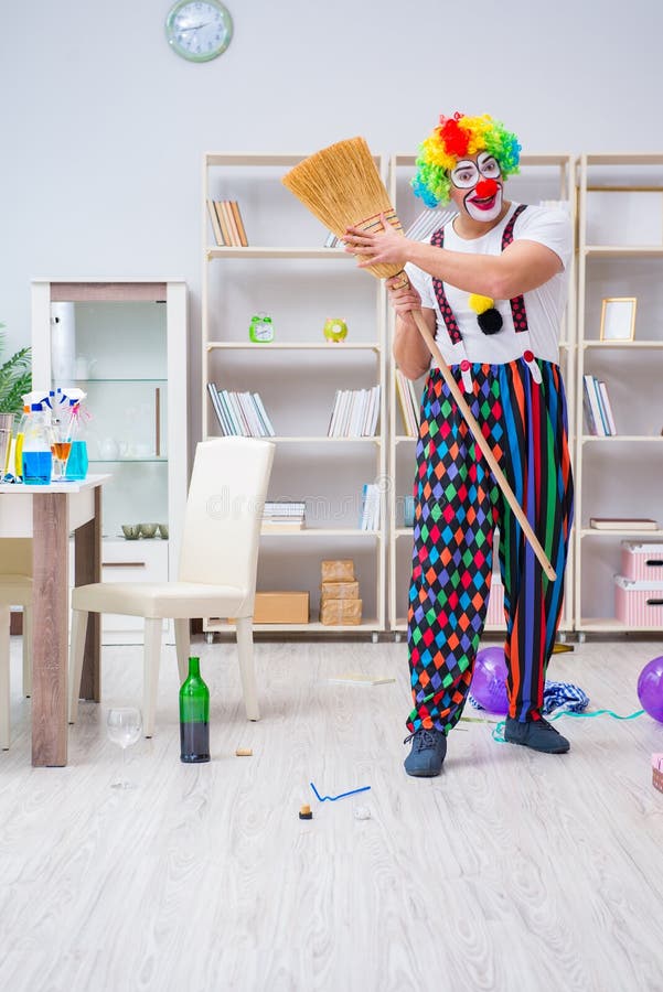 The Funny Clown Doing Cleaning at Home Stock Photo - Image of comedy ...