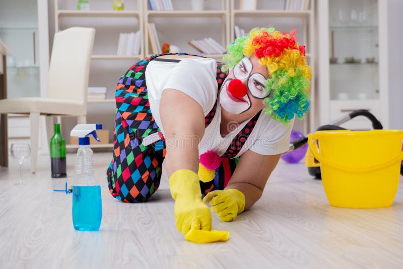 The Funny Clown Doing Cleaning at Home Stock Image - Image of home ...