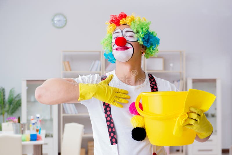 The Funny Clown Doing Cleaning at Home Stock Photo - Image of ...