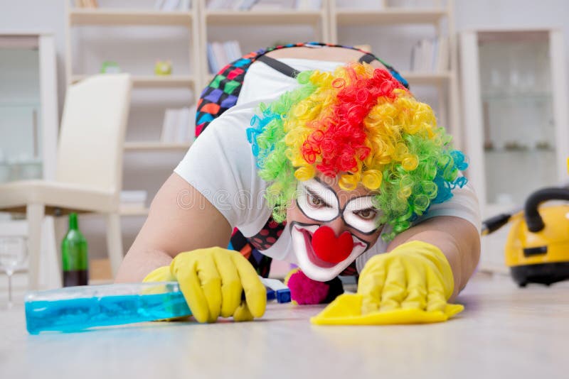 The Funny Clown Doing Cleaning at Home Stock Image - Image of housework ...