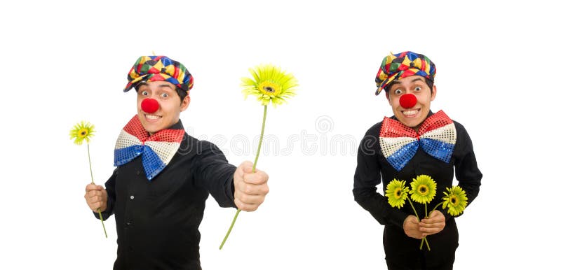 The Funny Clown with Flowers Isolated on White Stock Photo - Image of ...