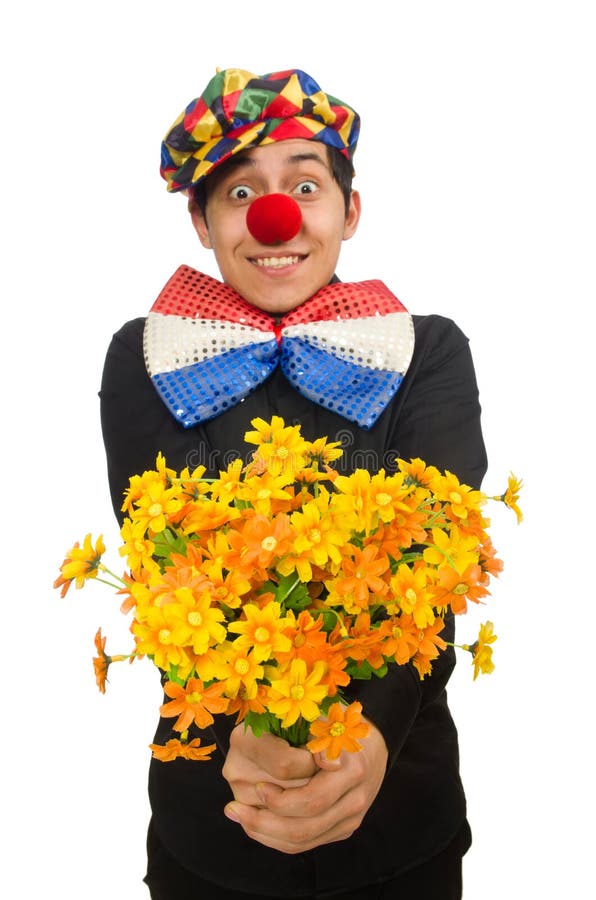 The Funny Clown with Flowers Isolated on White Stock Photo - Image of ...