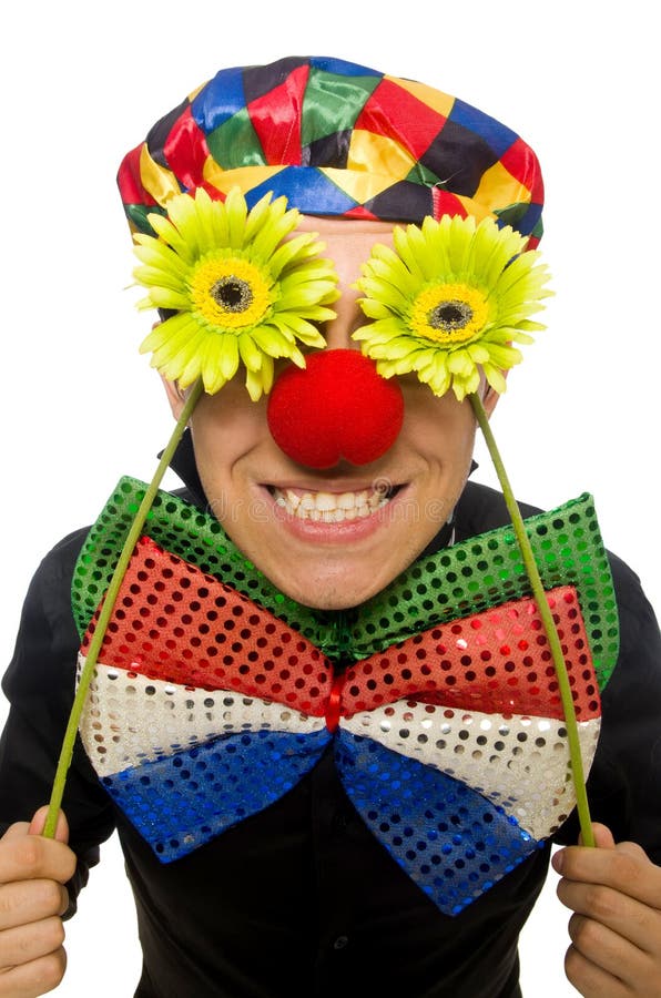 The Funny Clown with Flowers Isolated on White Stock Image - Image of ...