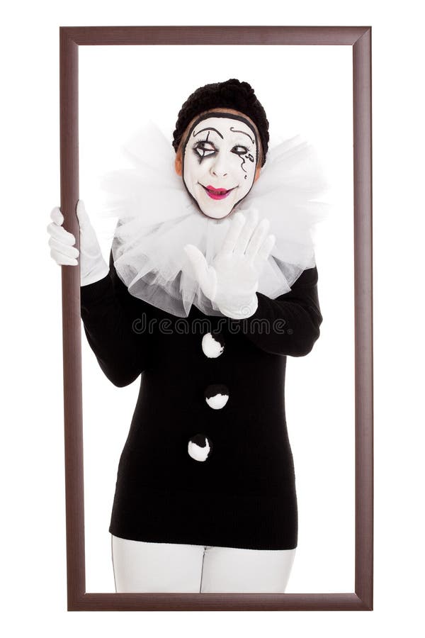 Funny Clown in a Frame Stretches Out Hand Stock Photo - Image of girl ...