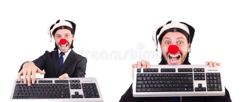 Funny Clown with Keyboard Isolated on White Stock Image - Image of boss ...